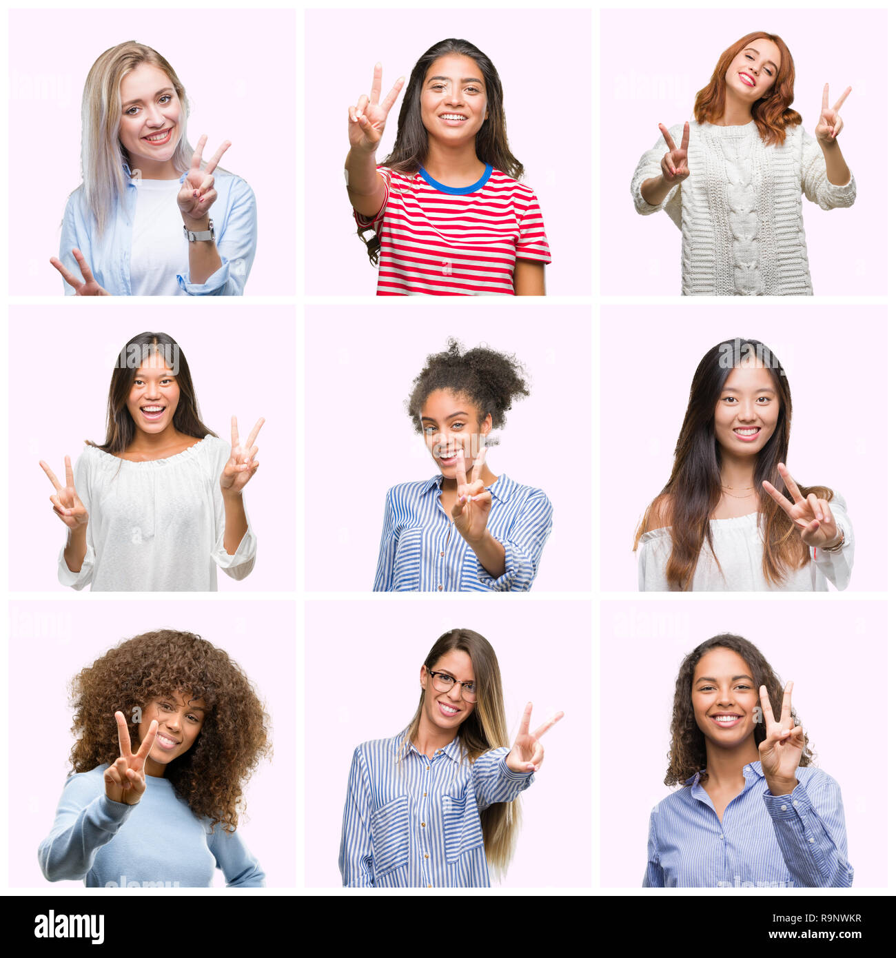 Collage of young women over pink isolated background smiling looking to ...