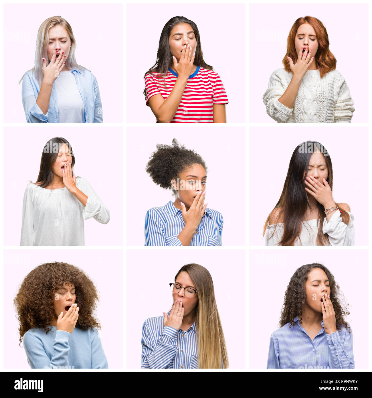 Collage of young women over pink isolated background bored yawning ...