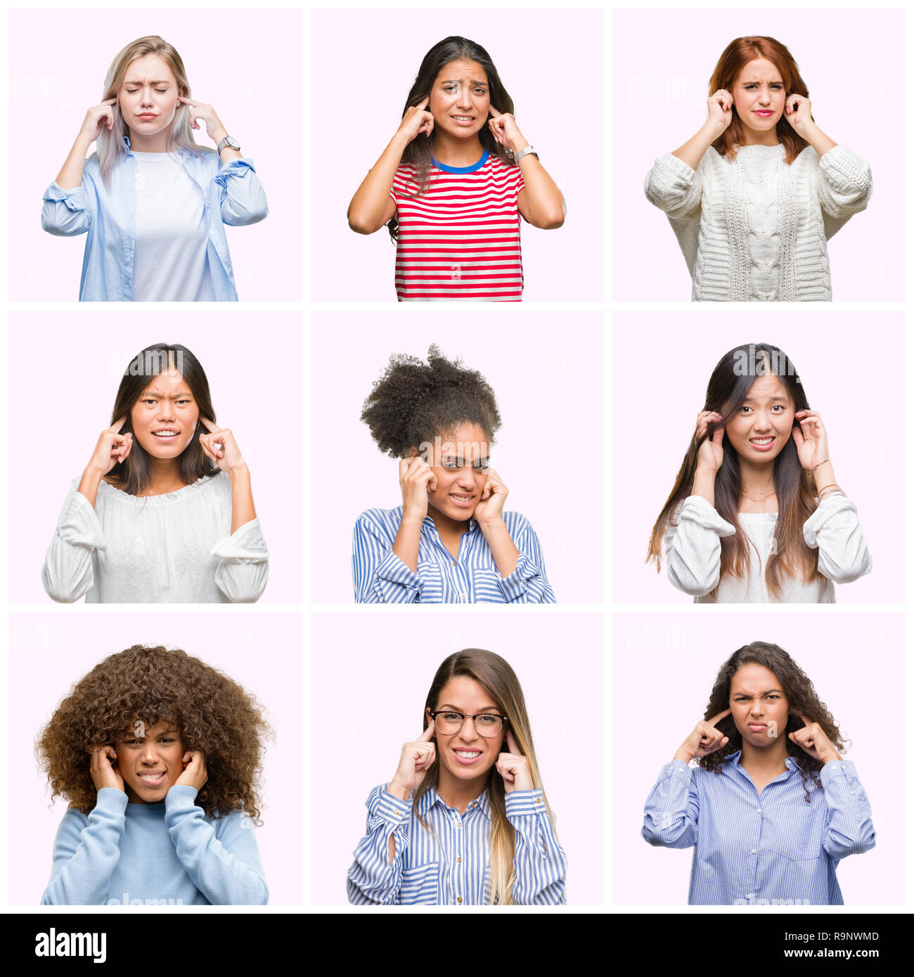 Collage of young women over pink isolated background covering ears with ...
