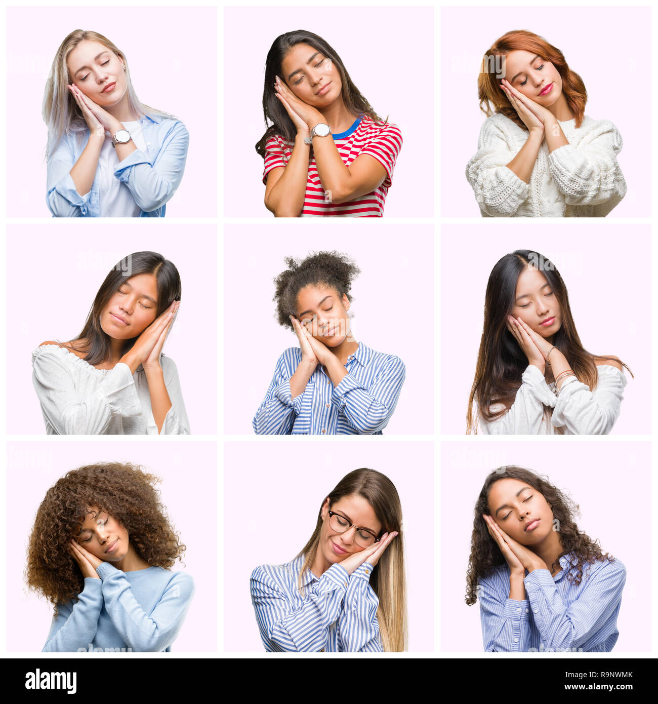 Collage of young women over pink isolated background sleeping tired ...