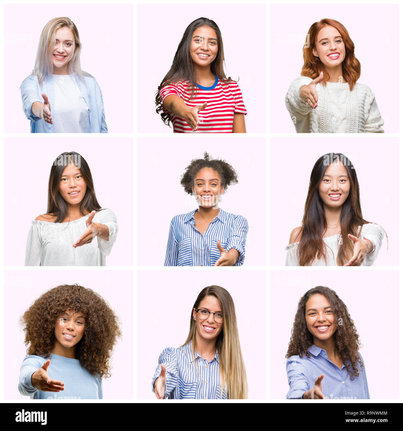 Collage of young women over pink isolated background smiling friendly ...