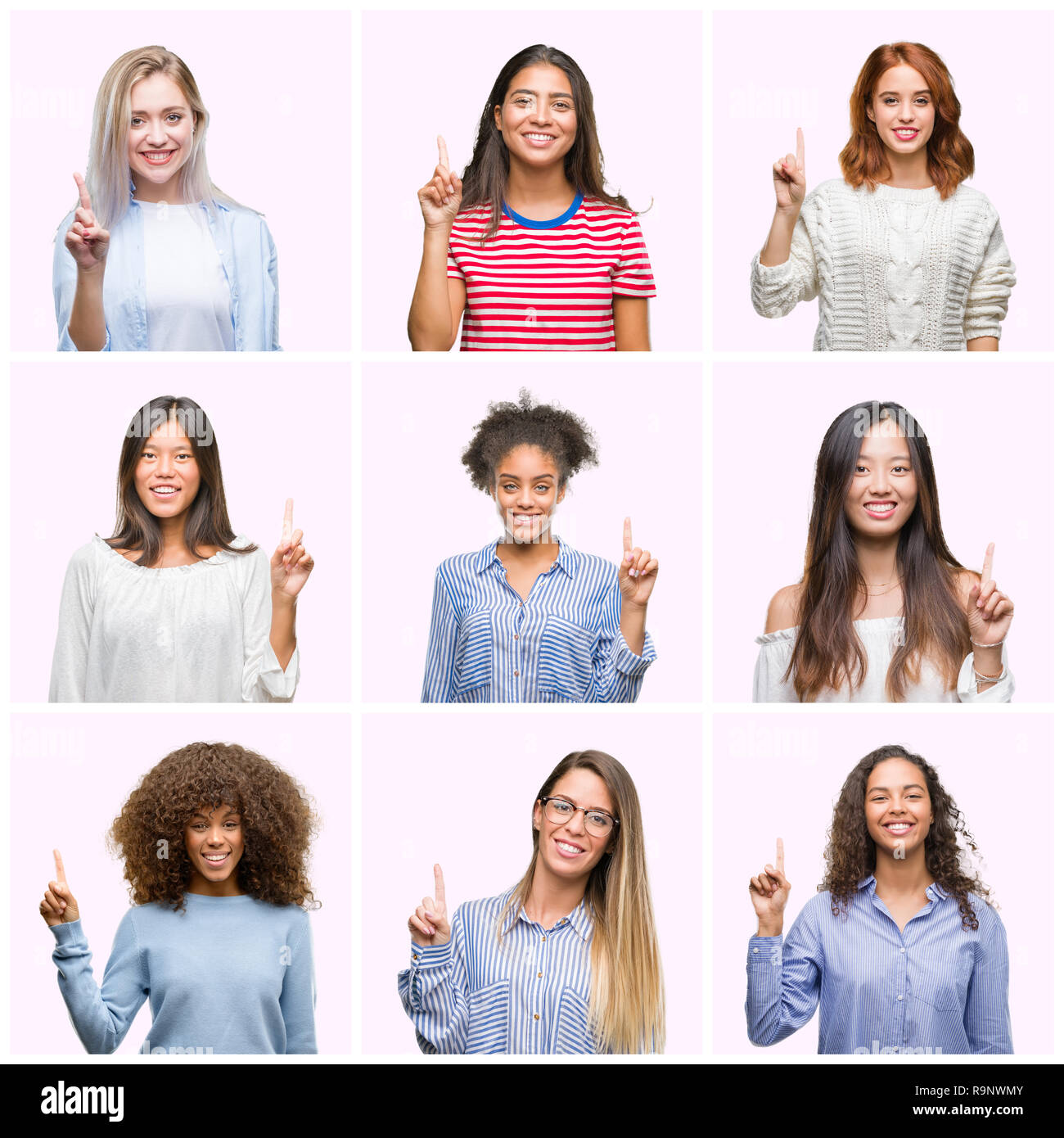 Collage of young women over pink isolated background showing and ...