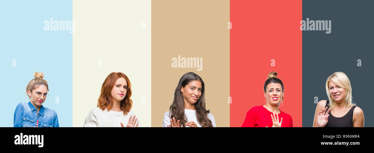 Collage of group of beautiful casual woman over vintage autumn colors ...