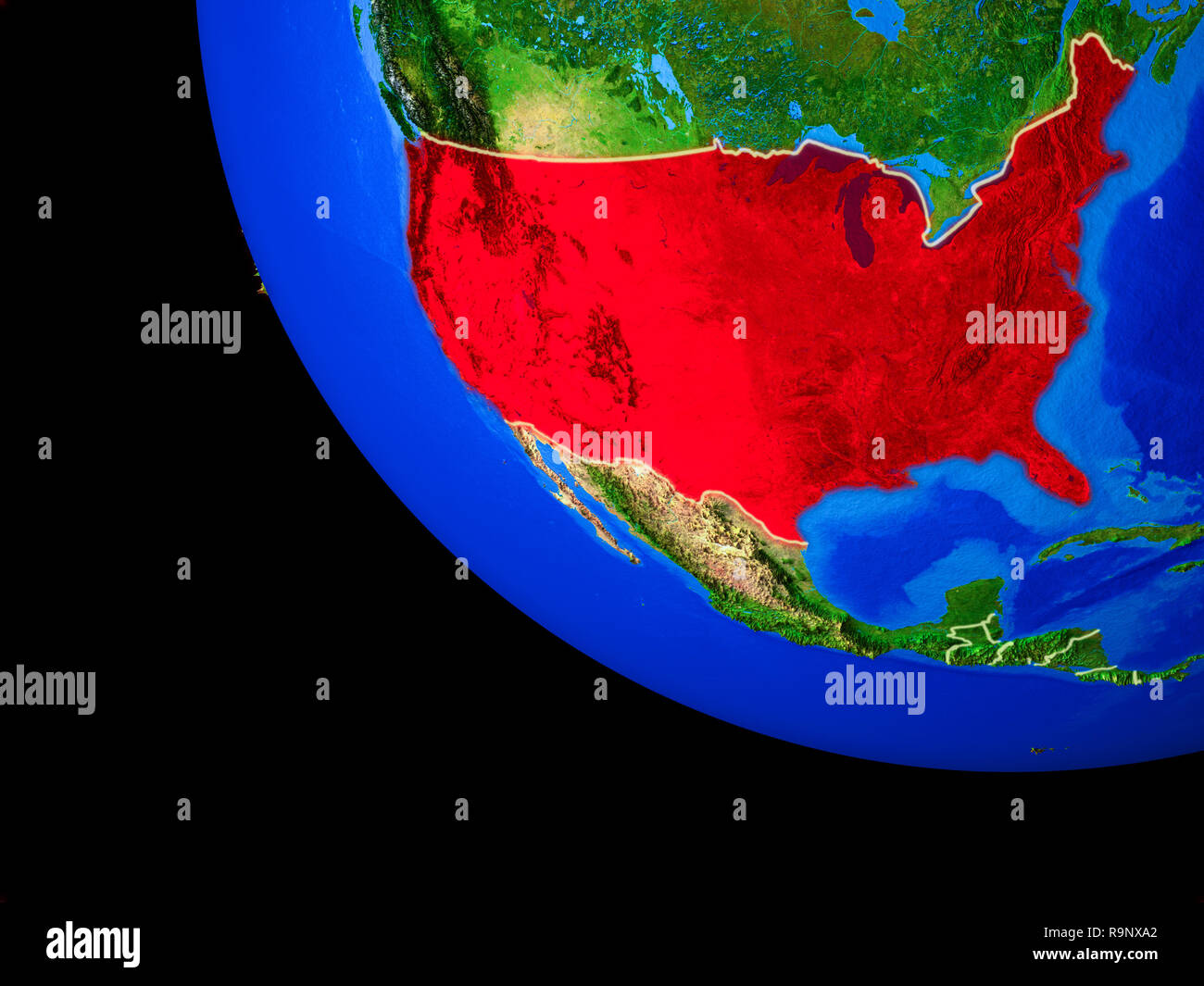 USA on realistic model of planet Earth with country borders and very ...