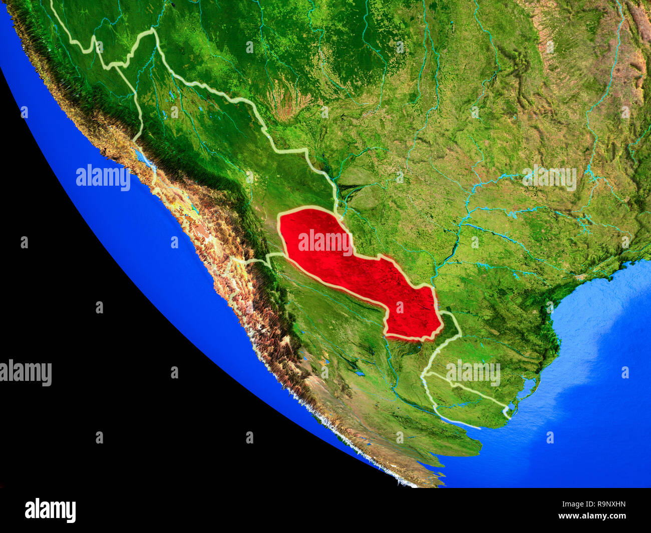 Paraguay on realistic model of planet Earth with country borders and ...