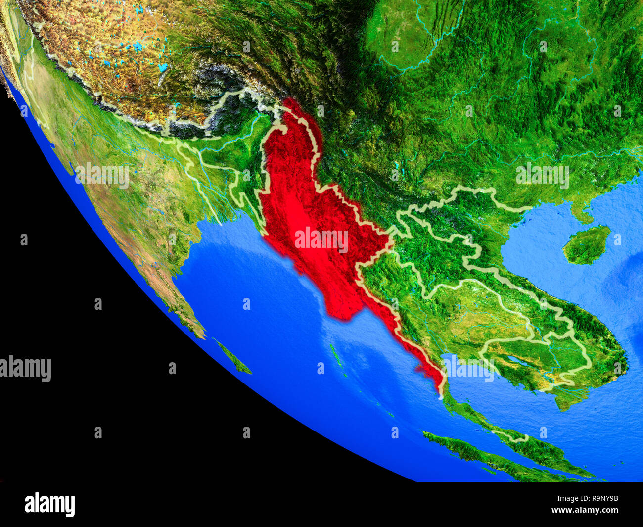 Myanmar on realistic model of planet Earth with country borders and ...