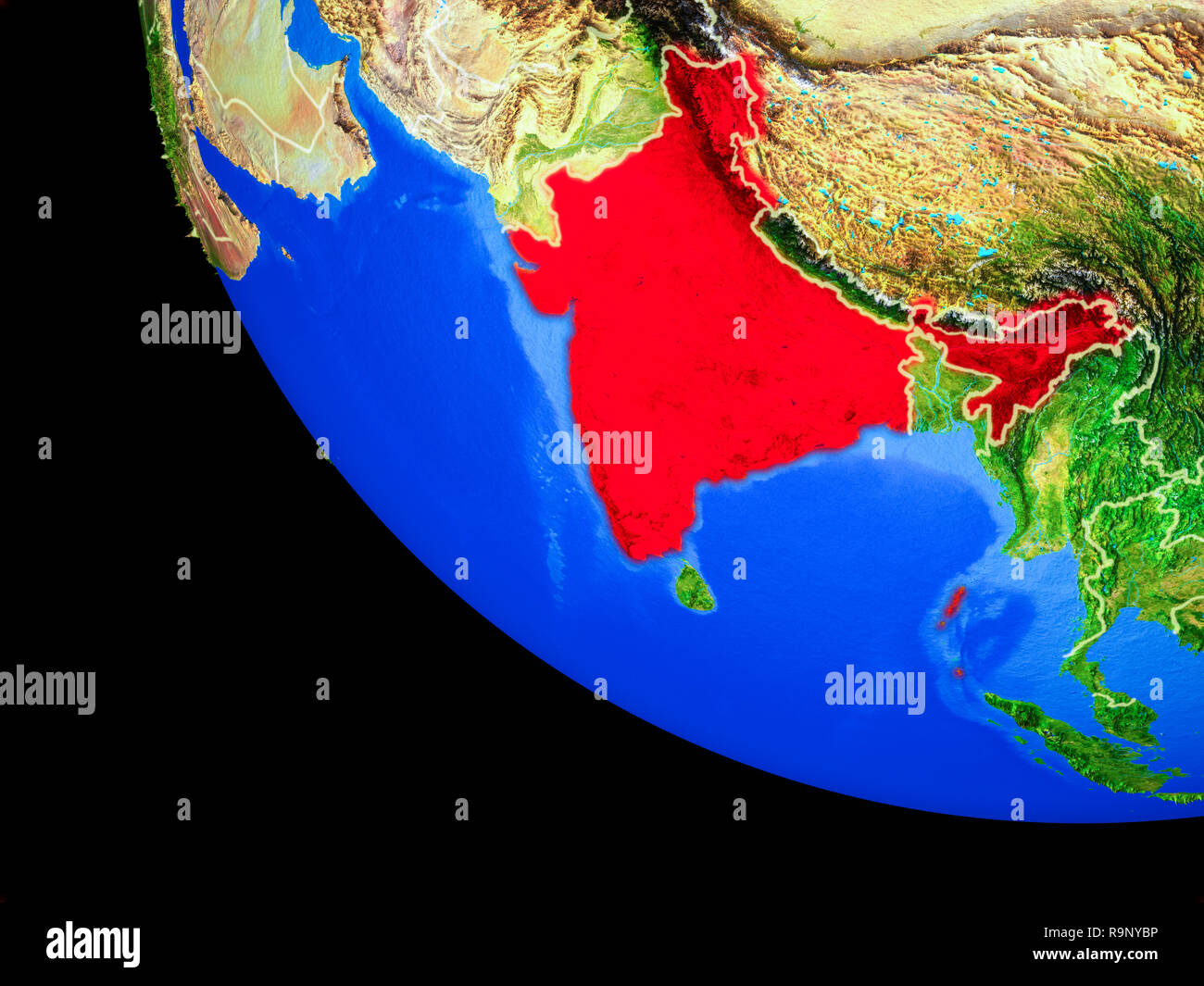 India on realistic model of planet Earth with country borders and very ...