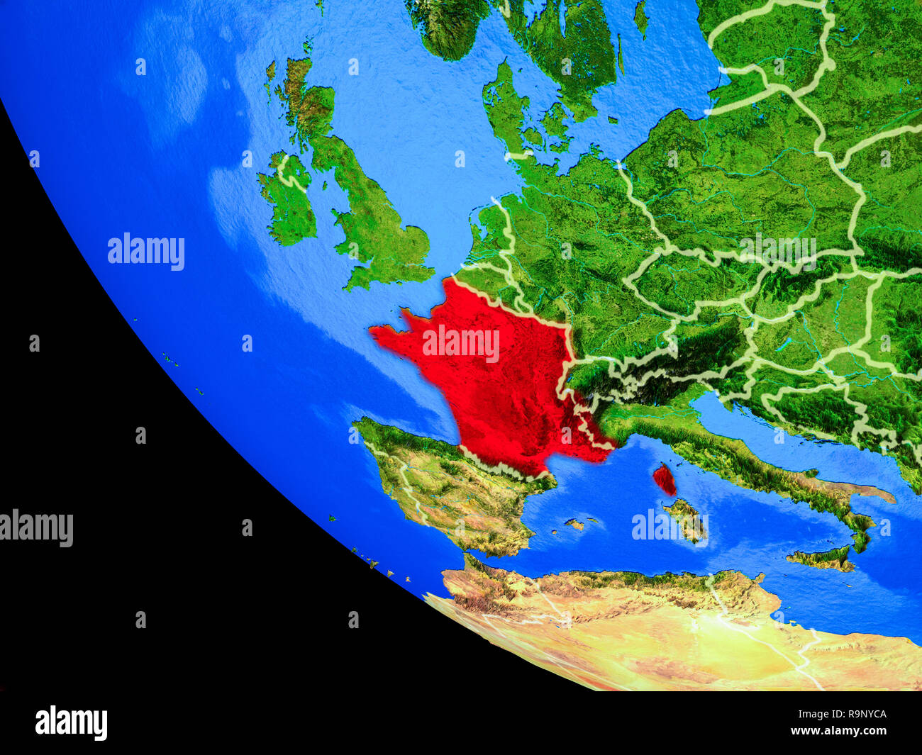 France on realistic model of planet Earth with country borders and very ...