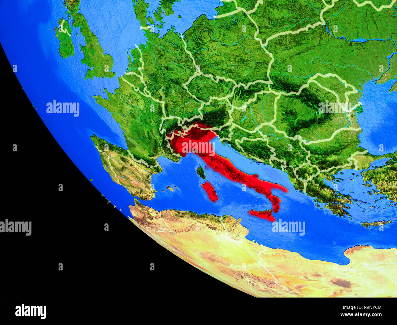 Italy on realistic model of planet Earth with country borders and very ...