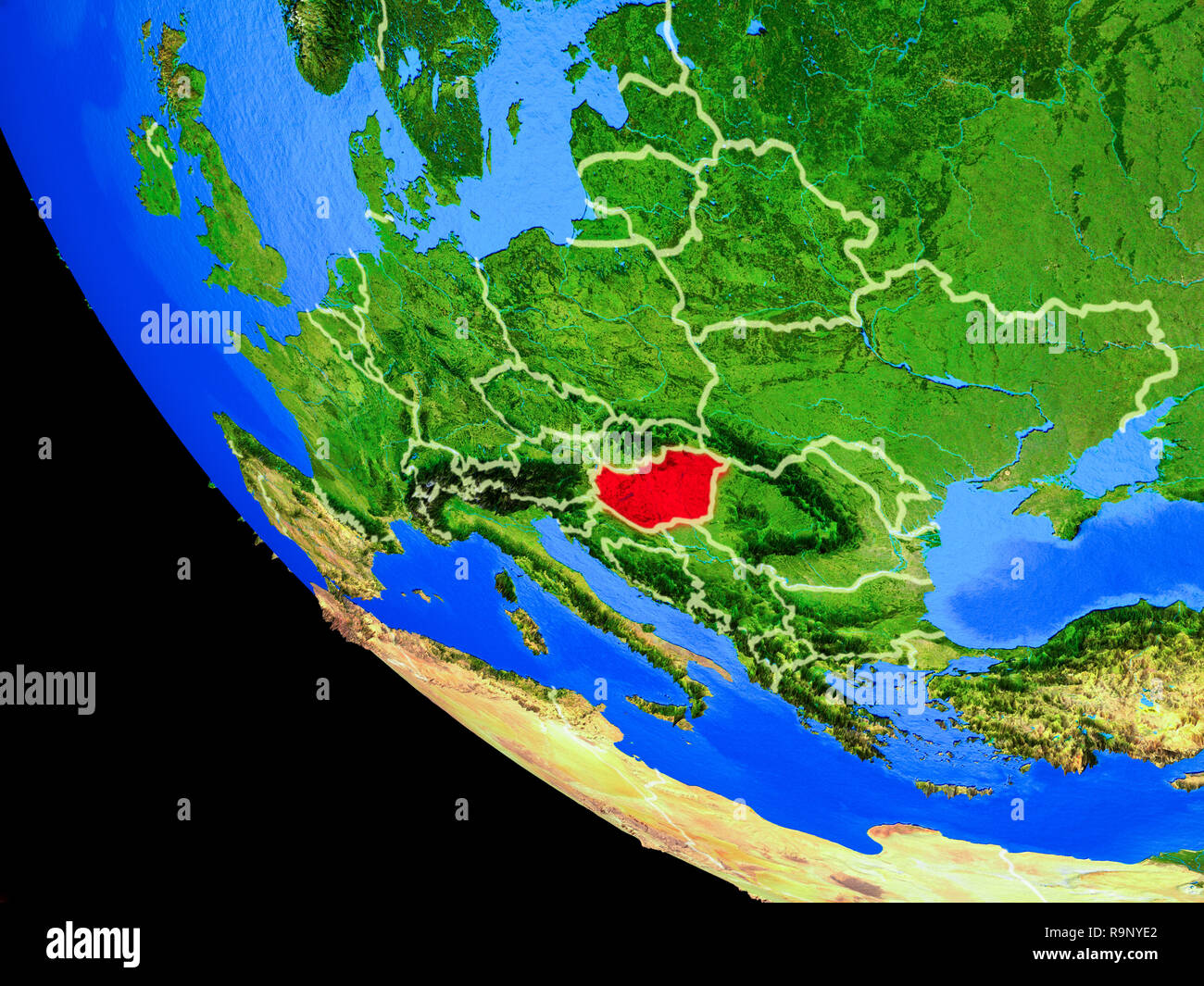 Hungary on realistic model of planet Earth with country borders and ...