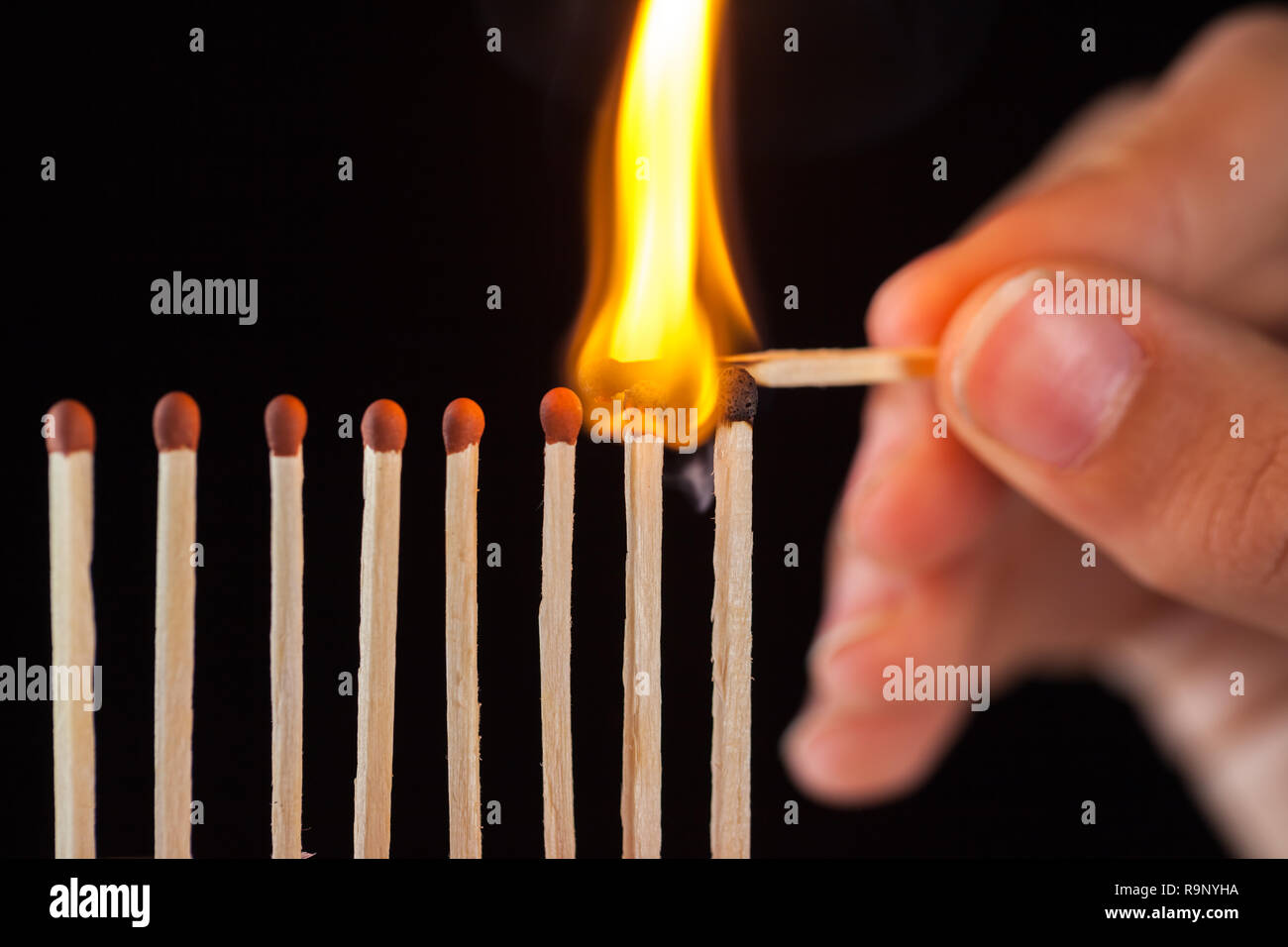 group of burn and unburned matches, isolated on black background Stock ...