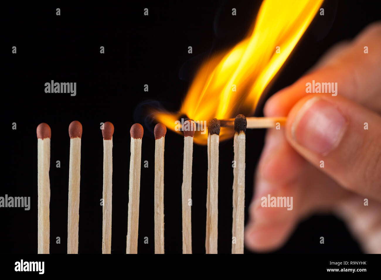group of burn and unburned matches, isolated on black background Stock ...