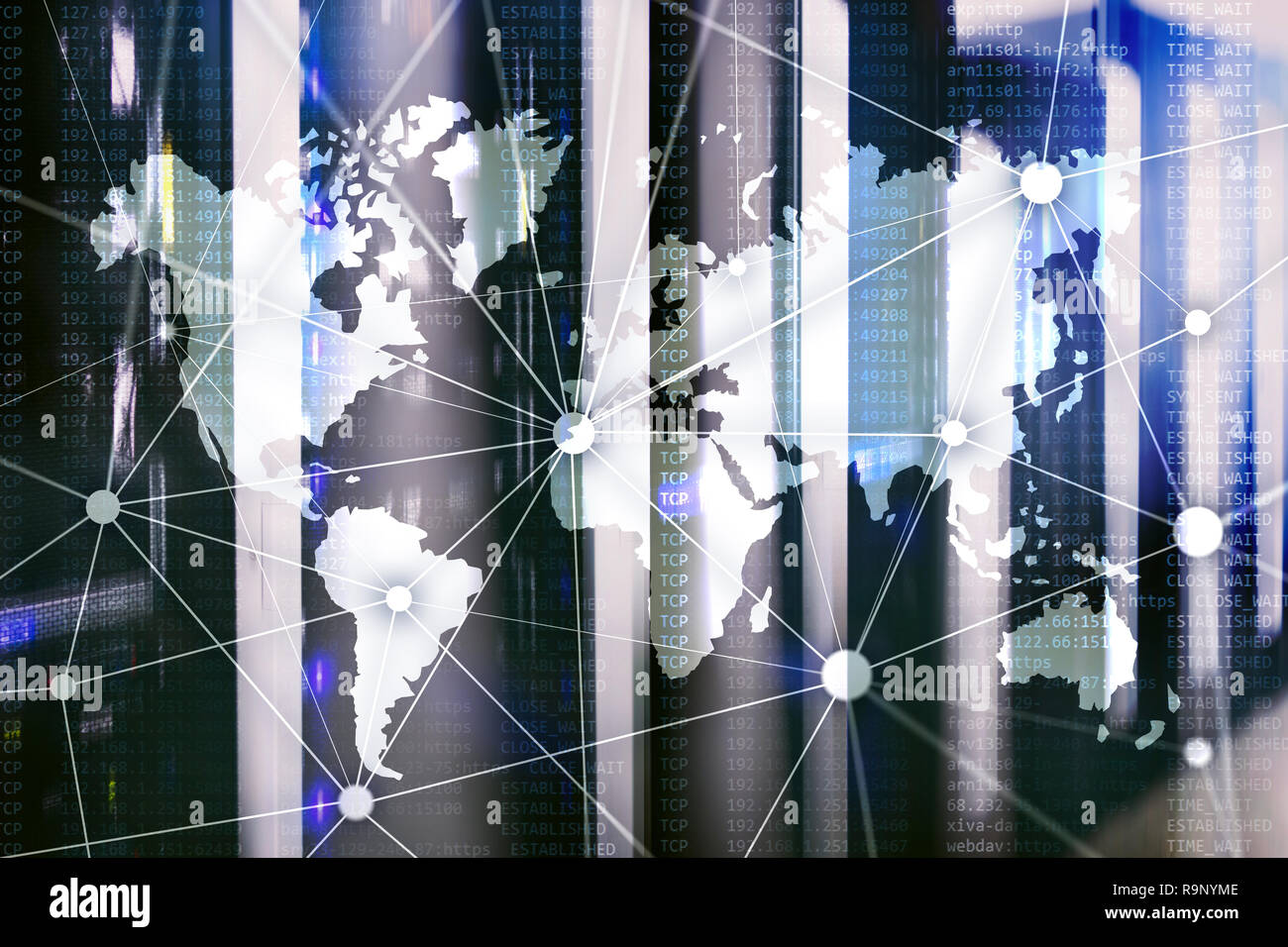 World map with communication network on server room background Stock ...