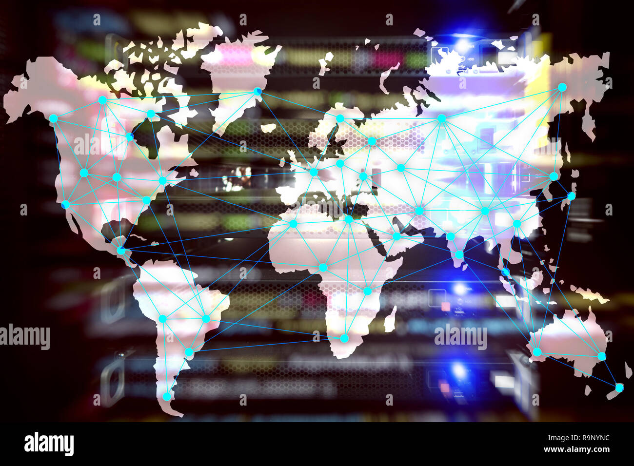 Internet and telecommunication concept with world map on server room ...