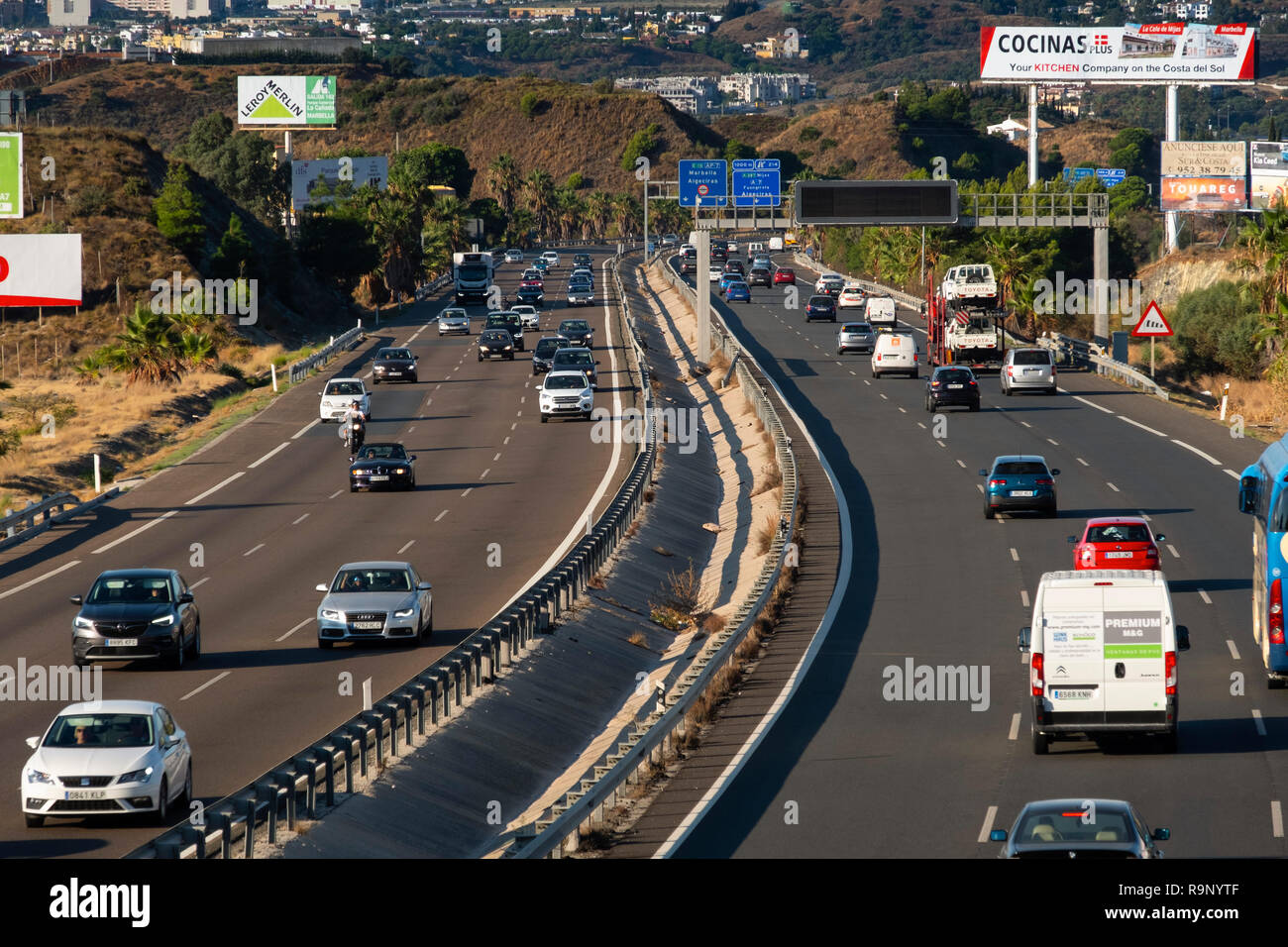 Car traffic, Mediterranean highway. Fuengirola Malaga province, Costal ...