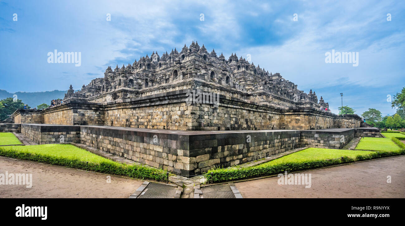 view from the base of the step pyramid that forms 9th century Borobudur ...