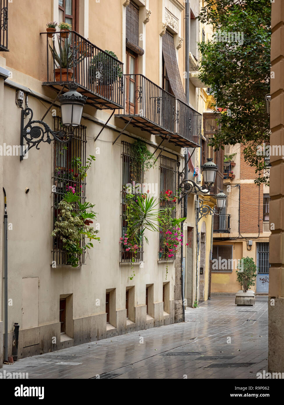 VALENCIA, SPAIN - MAY 24, 2018: Pretty Street scene in the city centre ...