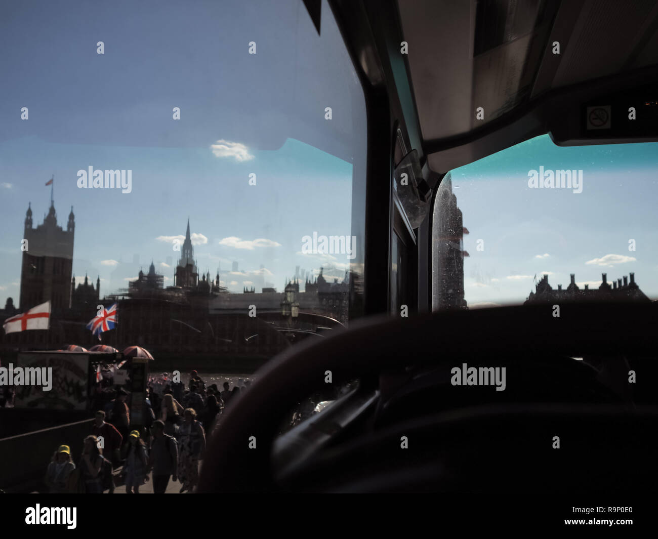 Houses of Parliament, London, viewed through a bus window Stock Photo ...