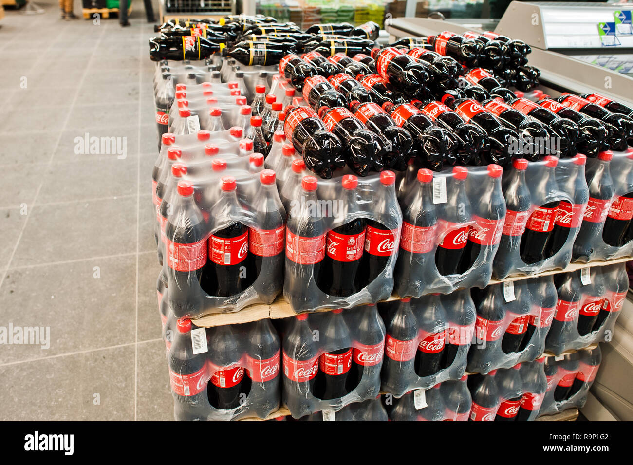 Kyiv, Ukraine - December 19, 2018: Plastic bottles of Coca Cola on ...