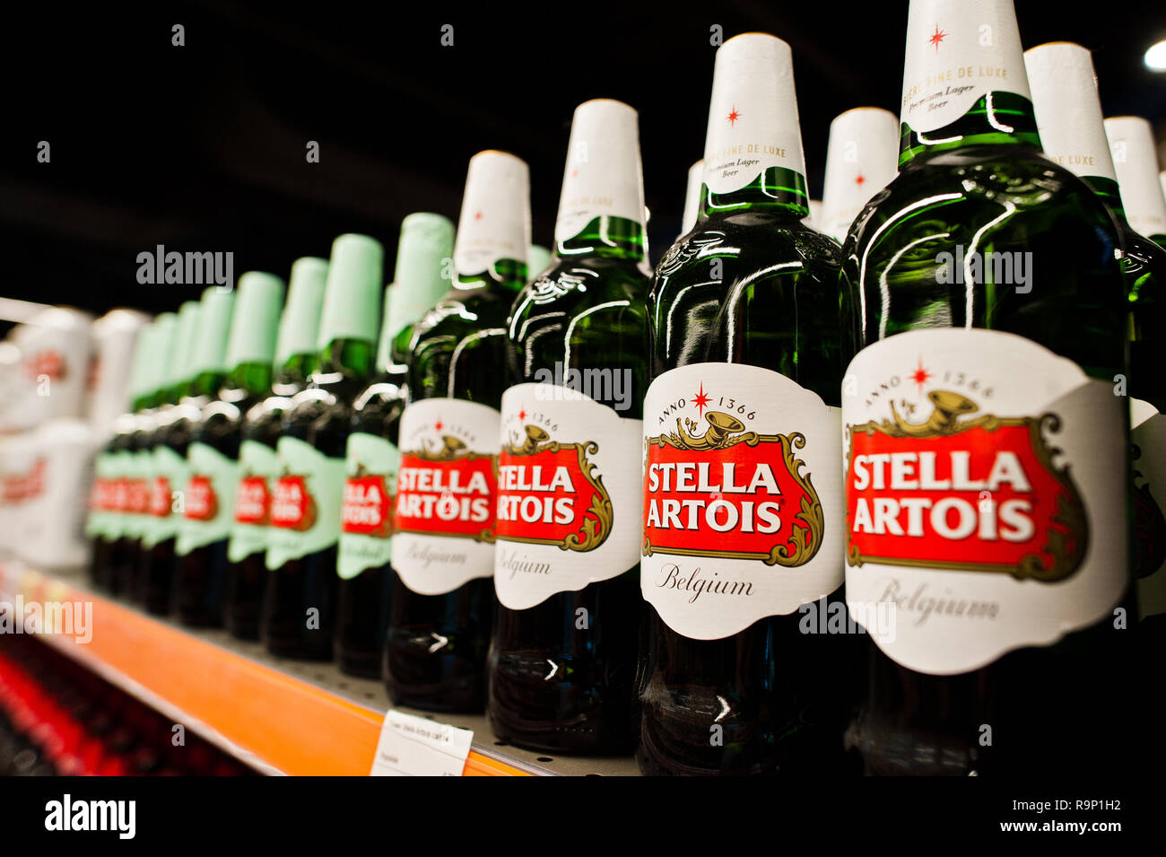 Kyiv, Ukraine - December 19, 2018: Stella Artois beer bottles on ...