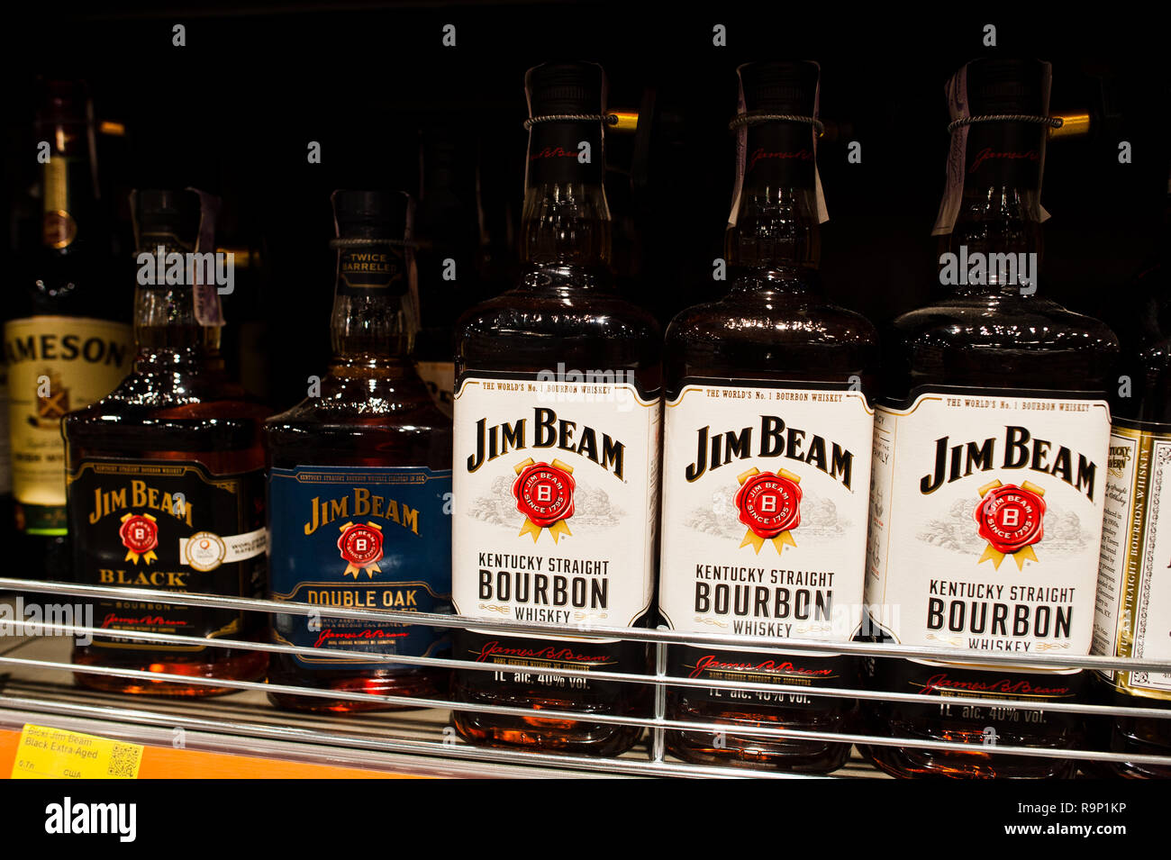 Kyiv, Ukraine - December 19, 2018: Bottles of Jim Beam on shelves in a ...