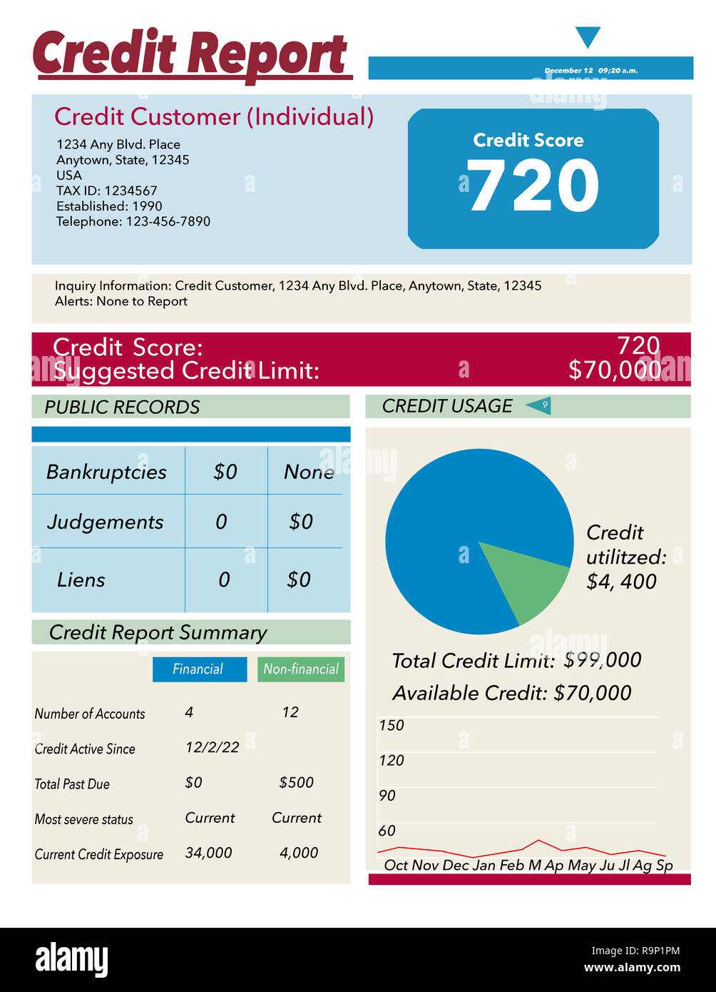 This is a generic, mock, credit report. This is an illustration Stock ...