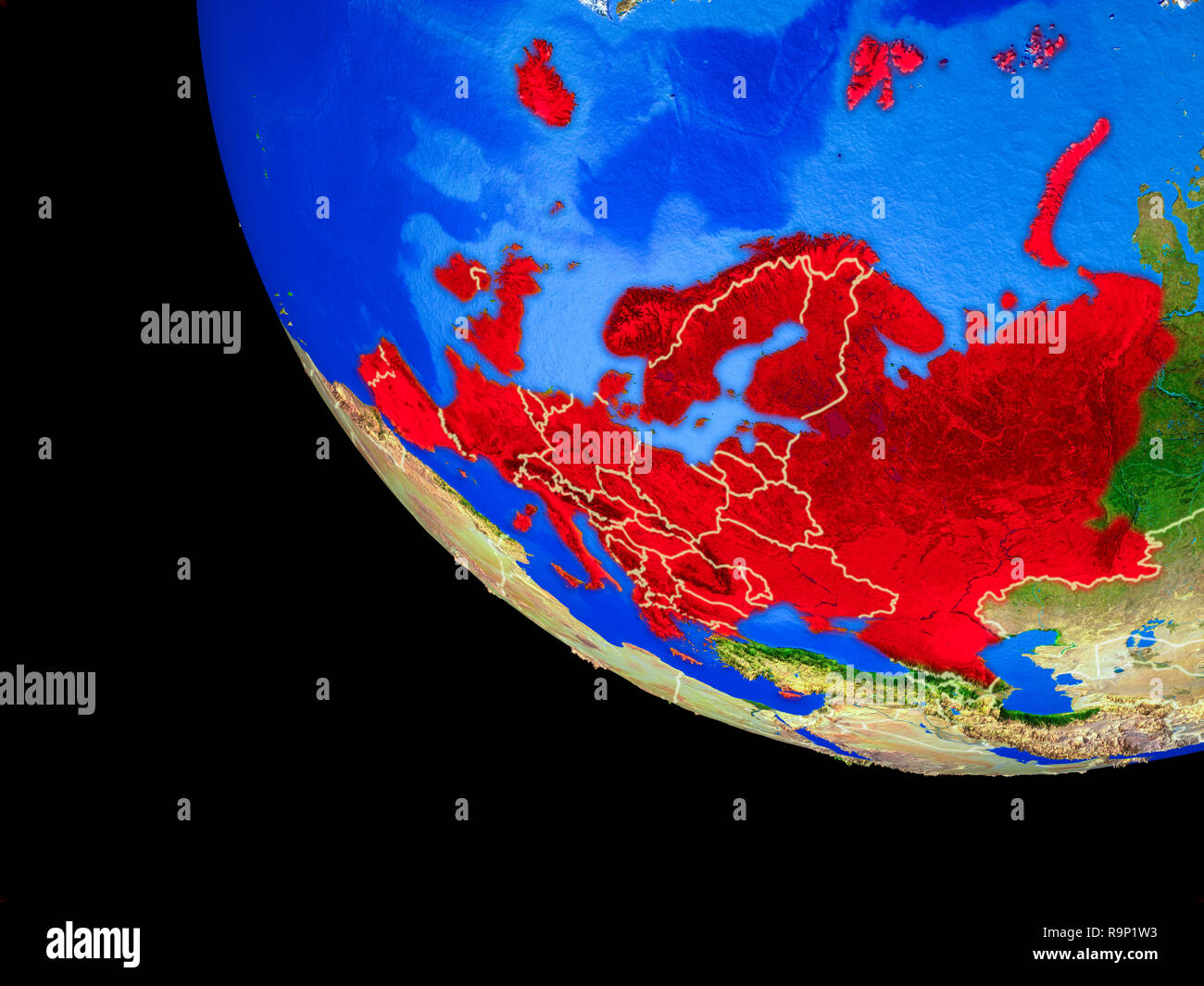 Europe on realistic model of planet Earth with country borders and very ...