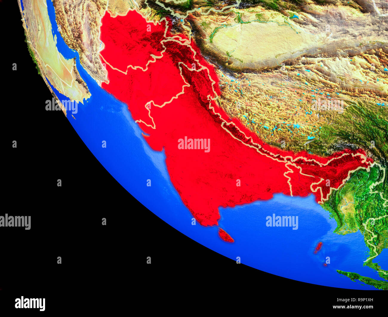 South Asia on realistic model of planet Earth with country borders and ...