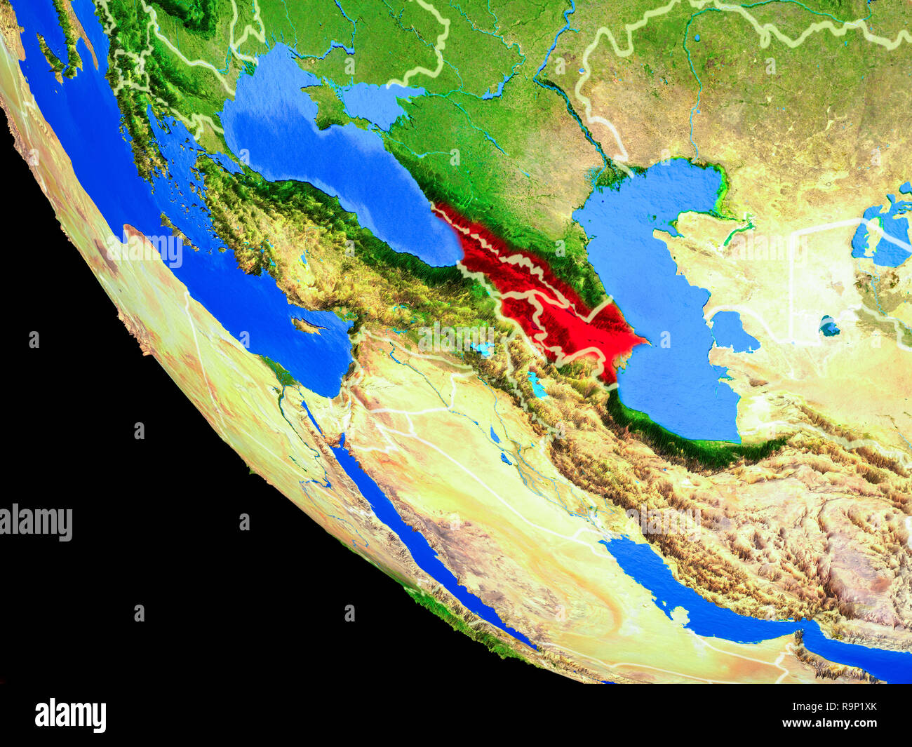 Caucasus region on realistic model of planet Earth with country borders ...