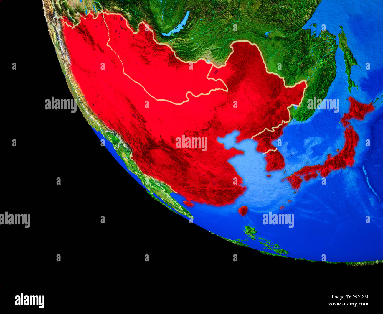 East Asia on realistic model of planet Earth with country borders and ...