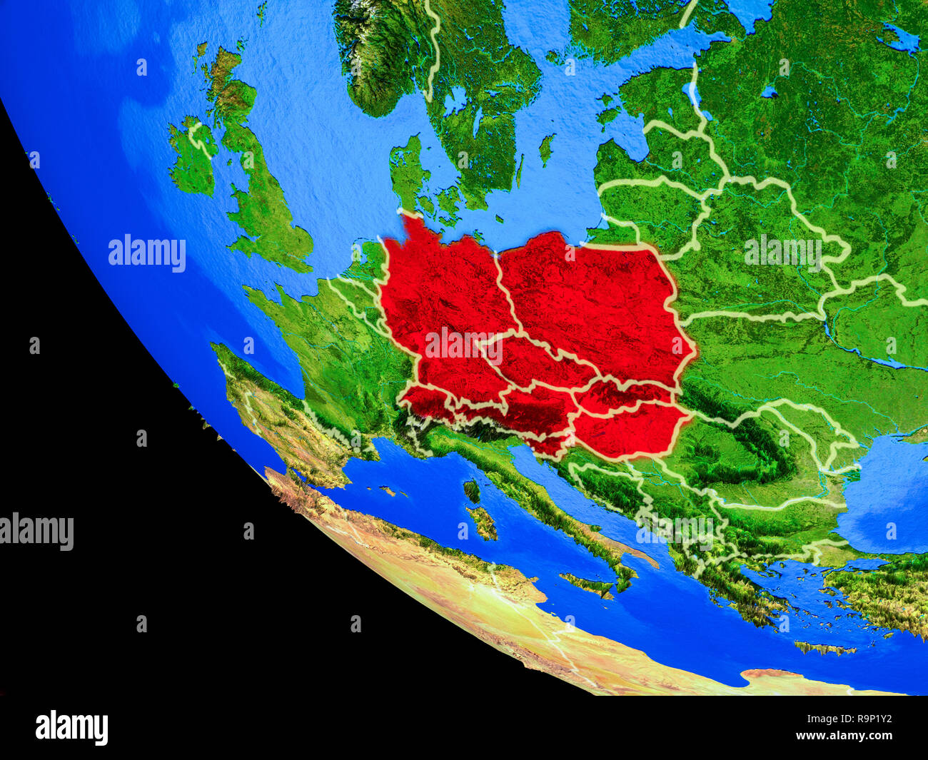 Central Europe on realistic model of planet Earth with country borders ...