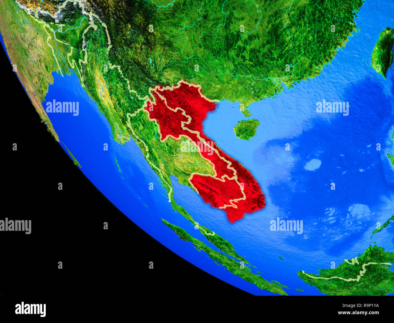 Indochina on realistic model of planet Earth with country borders and ...