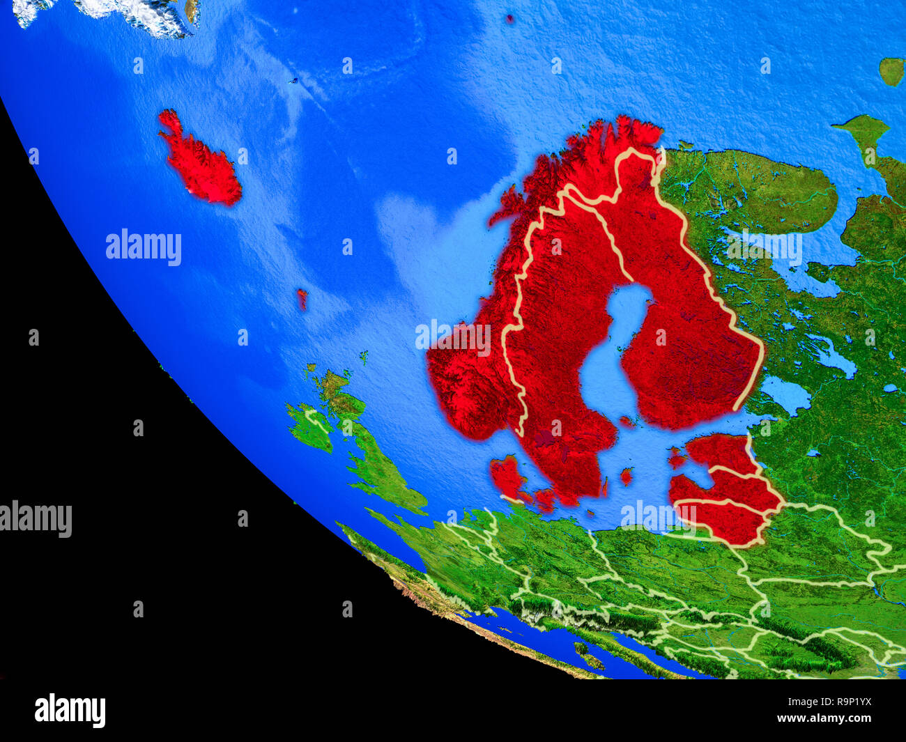 Northern Europe on realistic model of planet Earth with country borders ...
