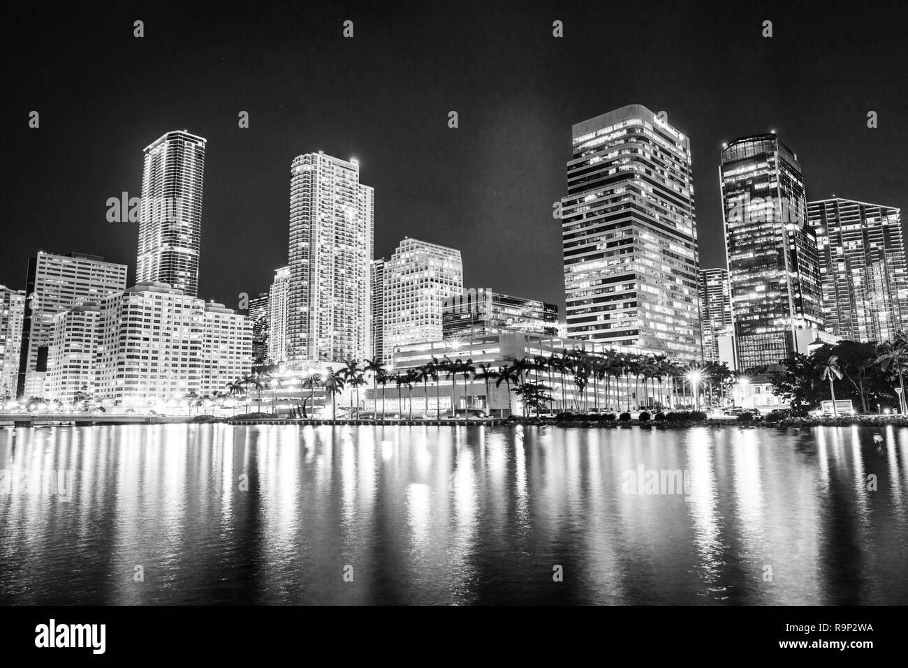 Miami downtown skyline architecture in black and white reflections ...