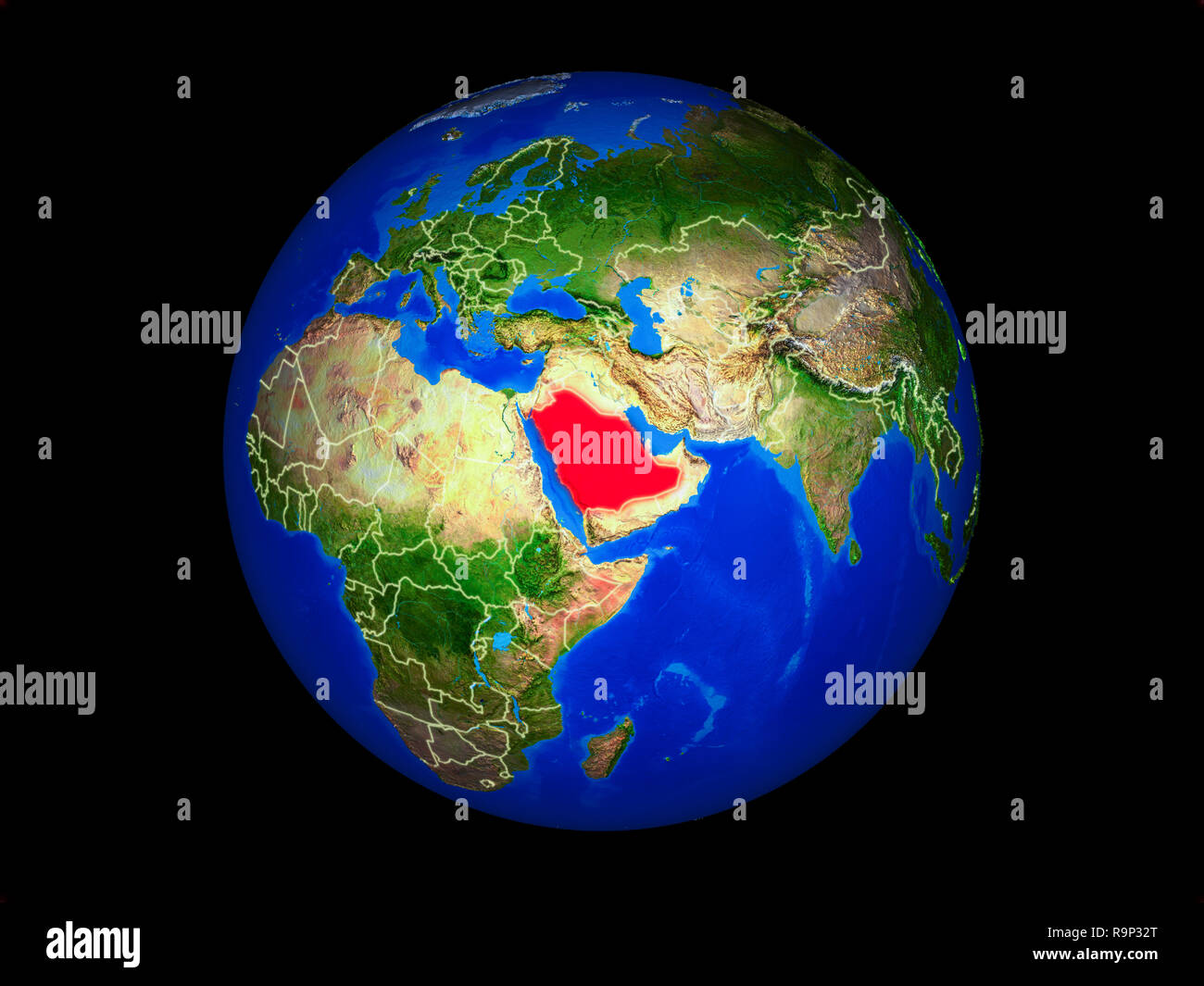 Saudi Arabia on planet planet Earth with country borders. Extremely ...