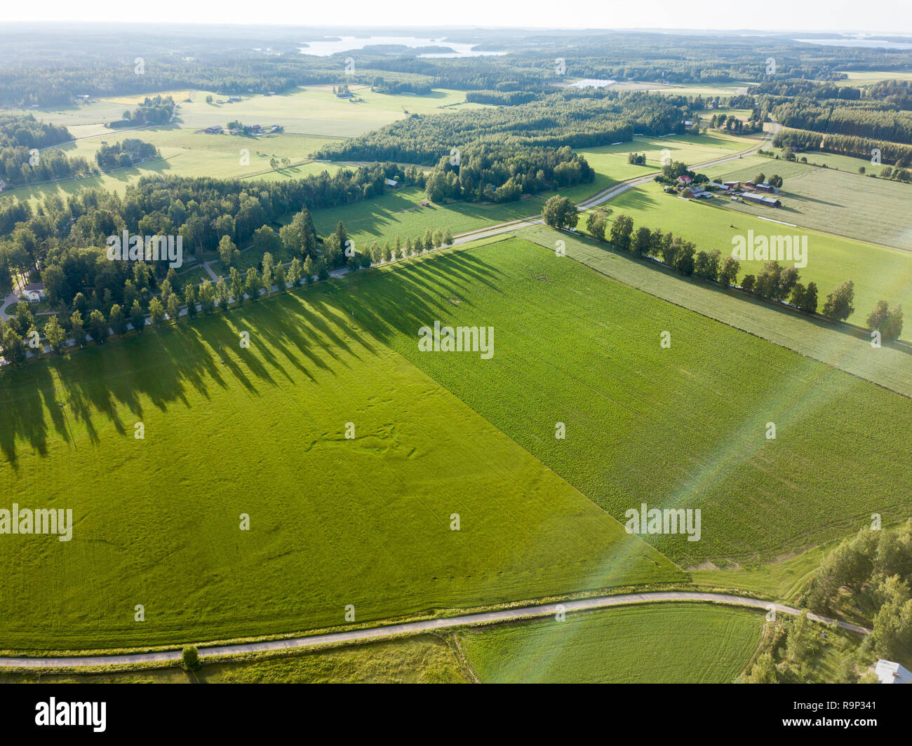 Aerial countryside landscape with green fields and small roads Stock ...
