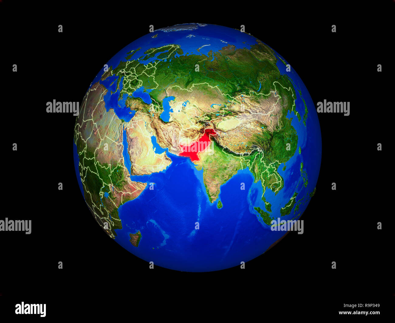 Pakistan on planet planet Earth with country borders. Extremely ...
