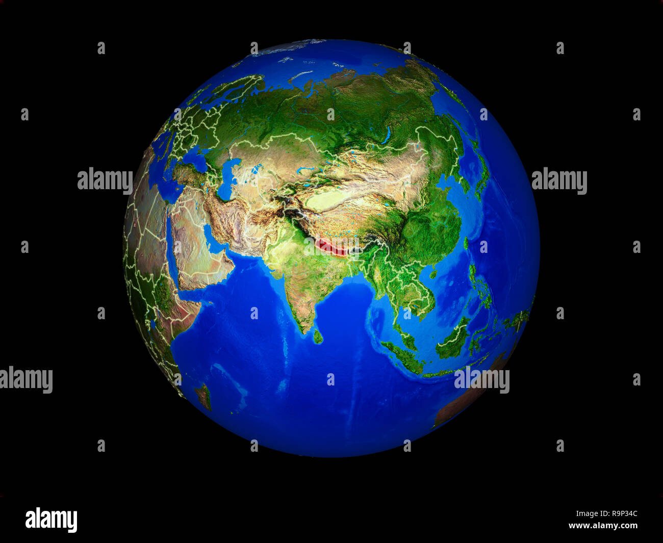 Nepal on planet planet Earth with country borders. Extremely detailed ...