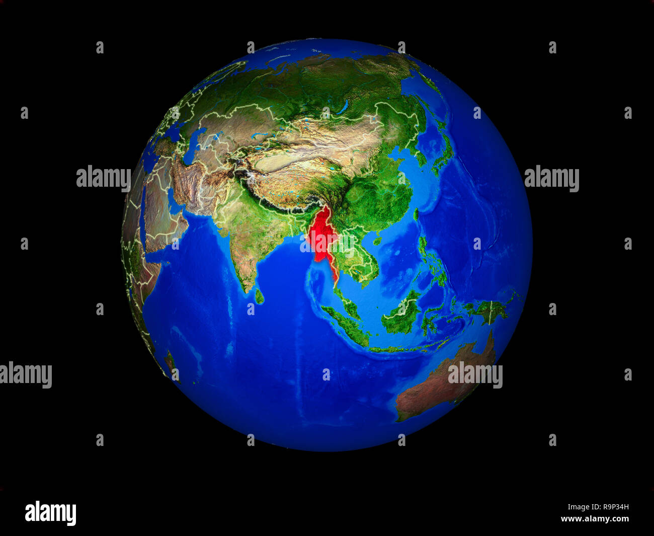 Myanmar on planet planet Earth with country borders. Extremely detailed ...