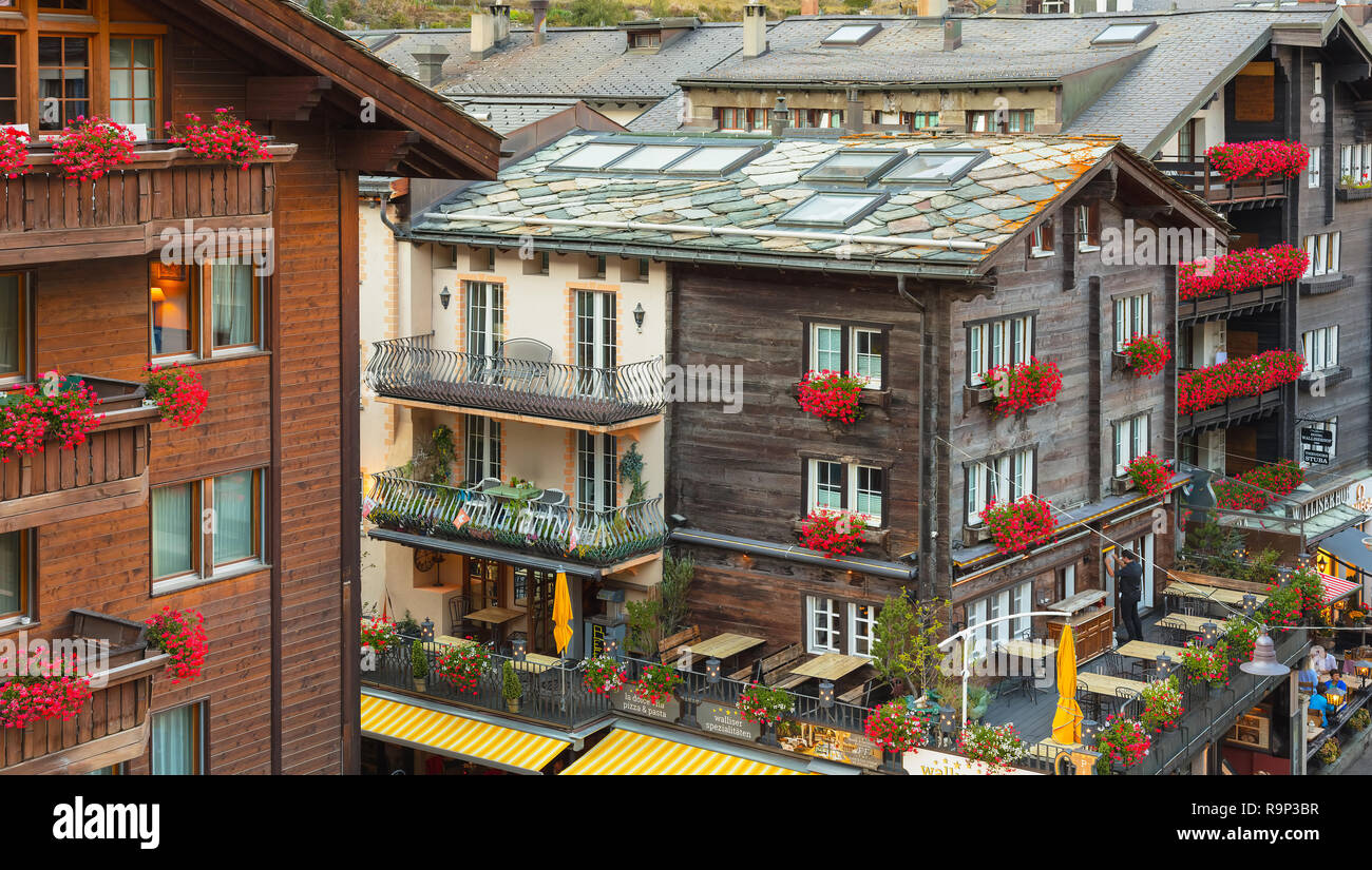 Zermatt, Switzerland - September 15, 2018: buildings along ...