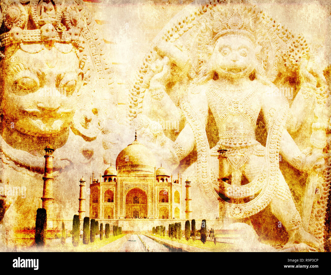 Grunge background with paper texture and landmarks of India - Taj Mahal ...