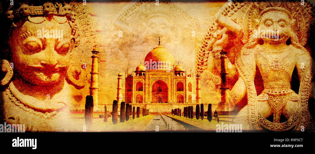 Grunge background with paper texture and landmarks of India - Taj Mahal ...
