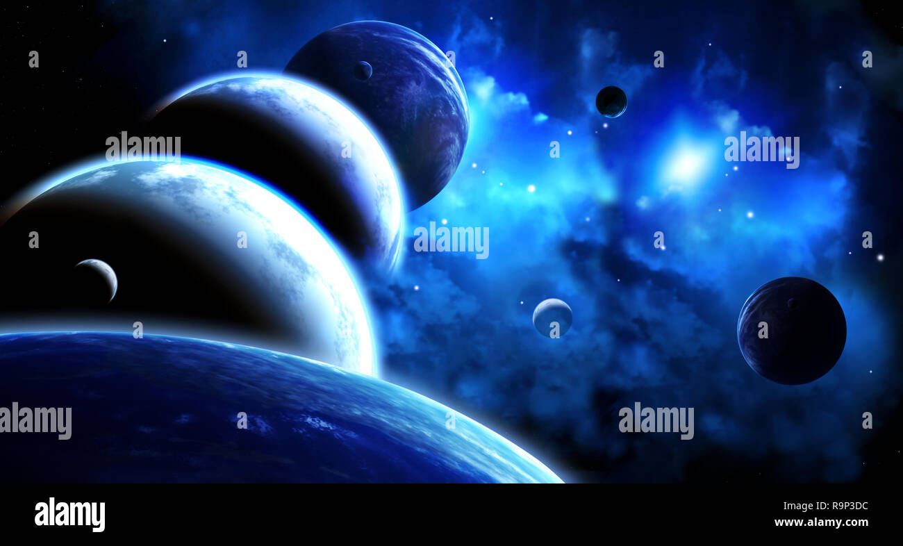 A beautiful space scene with parade of planets and nebula. Elements of ...