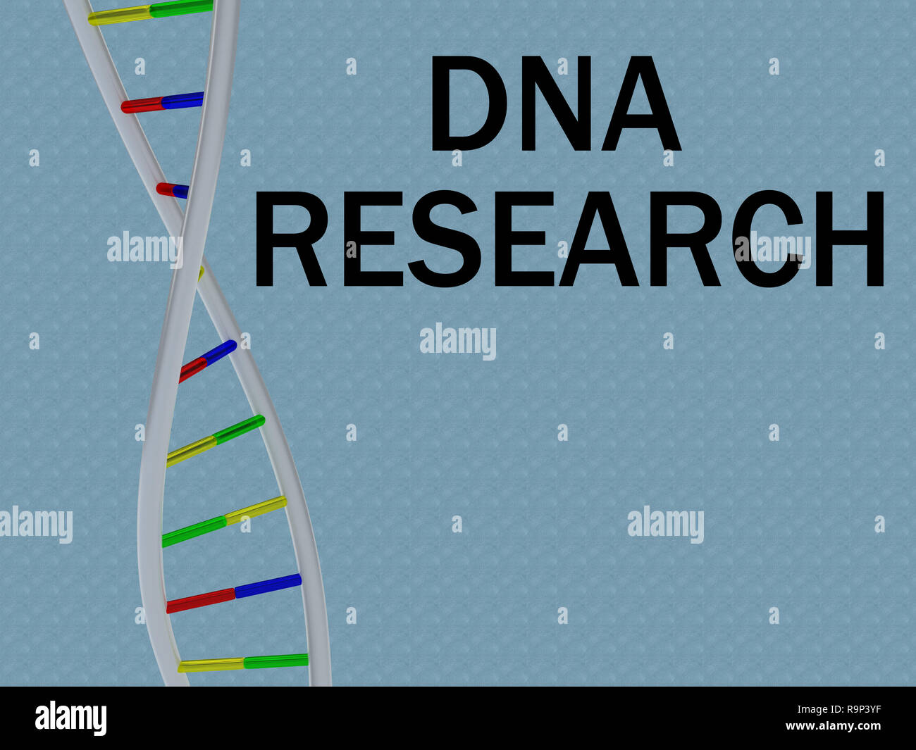 3D illustration of DNA RESEARCH script with DNA double helix , isolated ...