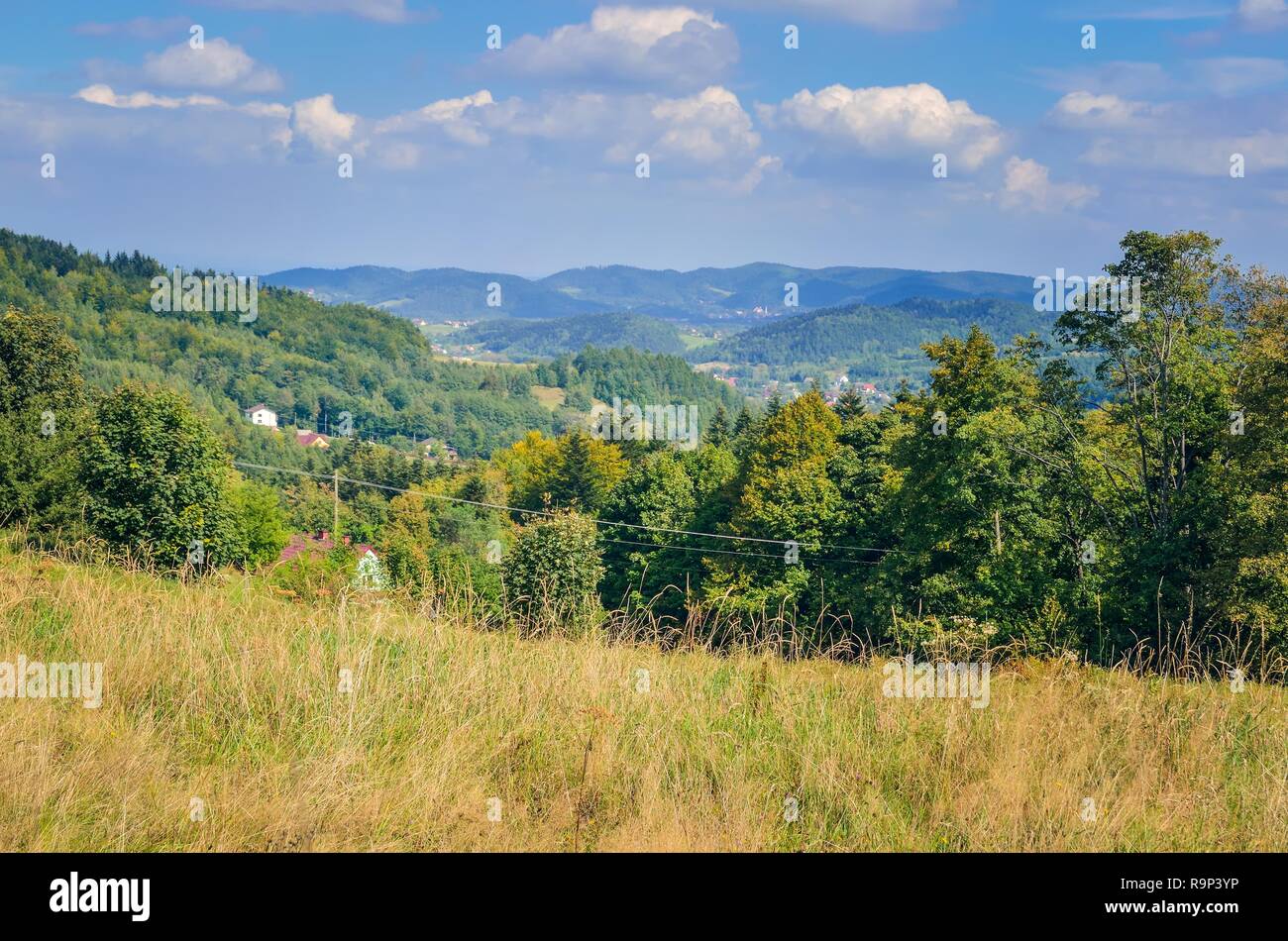 Beautiful rural mountain landscape. Cottages on the hills in the summer ...