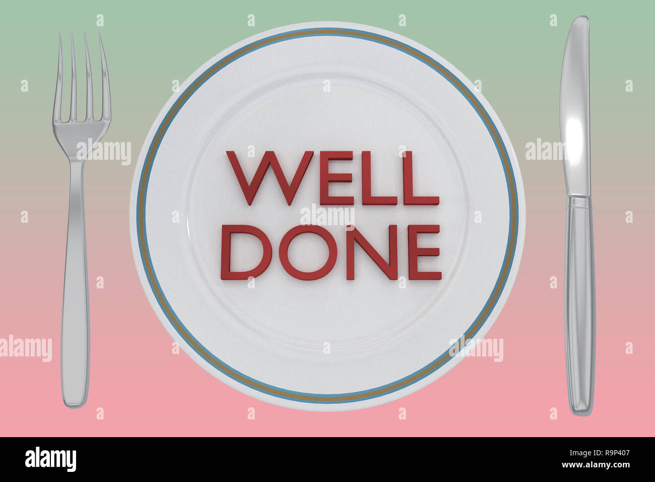3D illustration of WELL DONE title on a white plate, along with silver ...