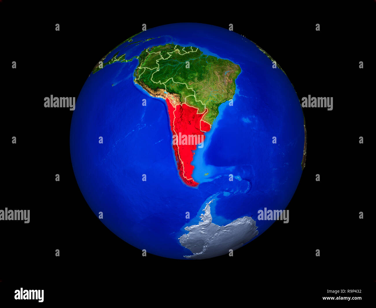 Southern Cone on planet planet Earth with country borders. Extremely ...