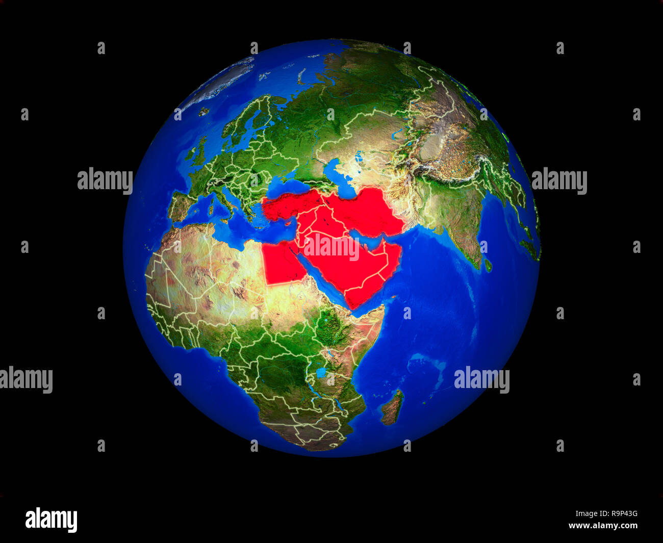 Middle East on planet planet Earth with country borders. Extremely ...