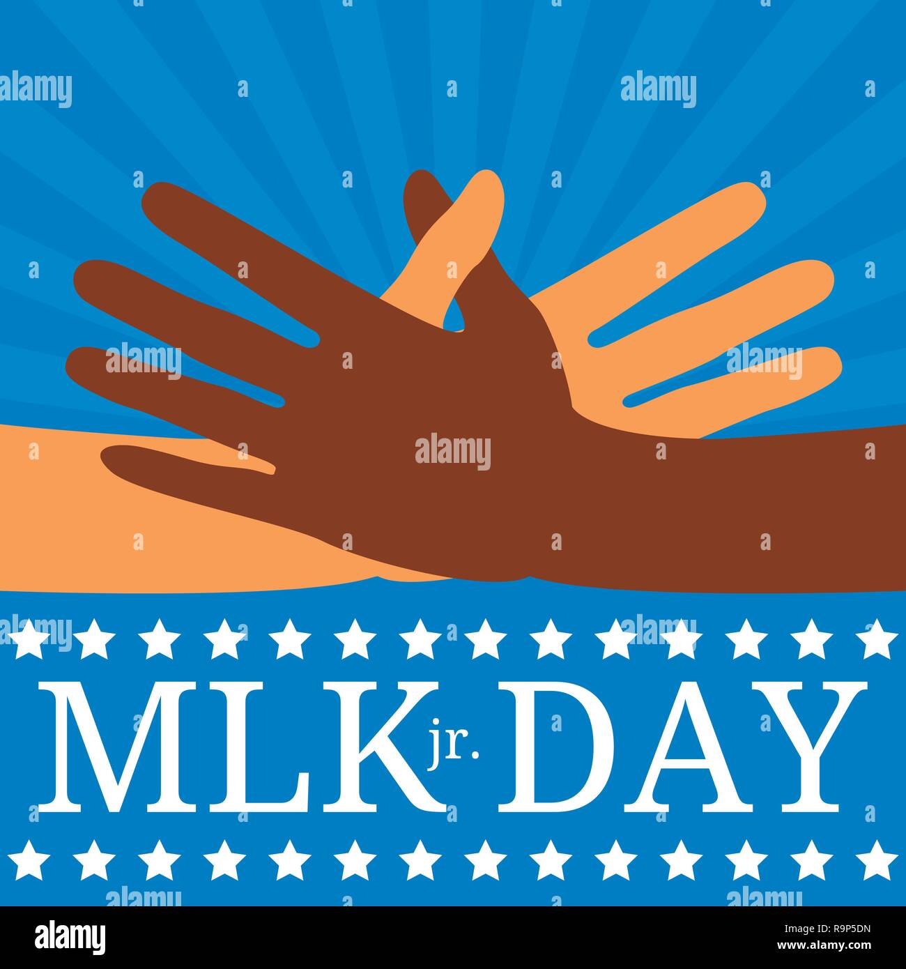 Martin Luther King Day. Multicolored hands reach for a handshake. Blue ...