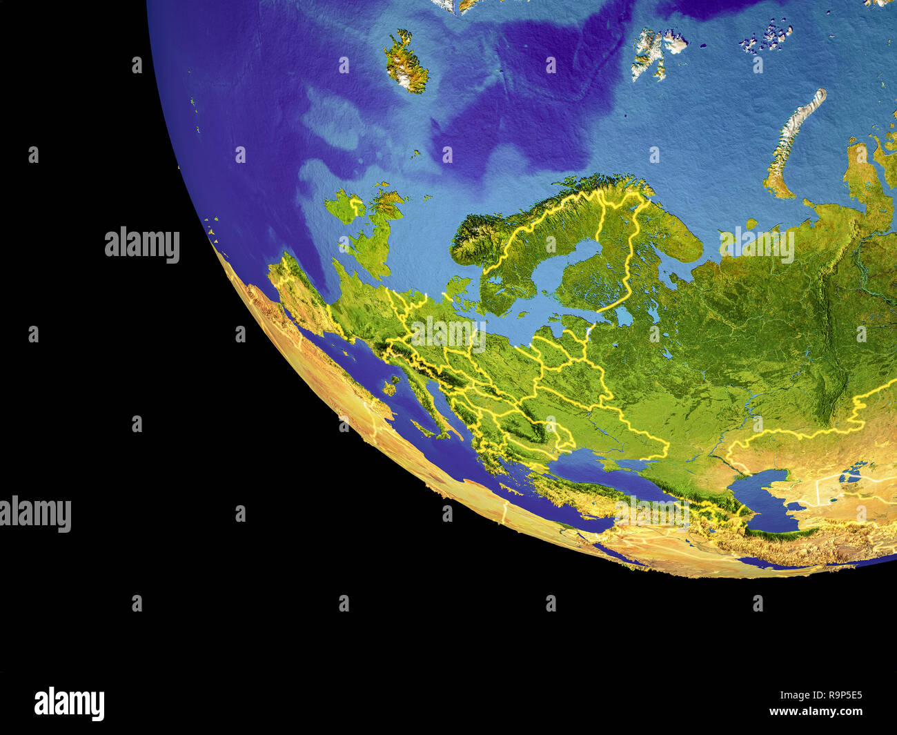 Europe from space on Earth with country borders. Very detailed plastic ...